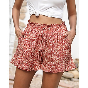 BTFBM Womens Casual Short Pants 2024 Resort Outfits Drawstring Lightweight Ruffle Elastic Waisted Summer Vacation Shorts(Floral Orange Red, X-Large)