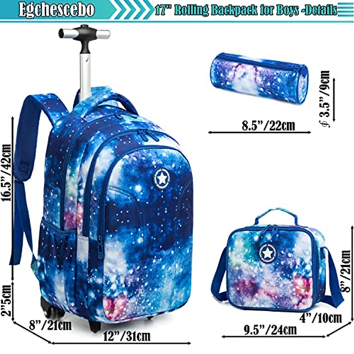 Egchescebo Boys Rolling Backpacks with Wheels 3PCS Starry Sky Backpack for School Wheeled Luggage Suitcase Lunch Box Pencil Case Large Capacity Bookbag Adjustable Trolley for Elementary Travel Blue