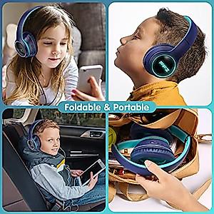 FFZ Kids Bluetooth Headphones, Kids Wireless Headphones, Headphones for Kids for School, Built-in Microphone, Colorful LED Lights, Foldable Headset, for Ipad/Tablet/Car/Airplane(Navy Blue)