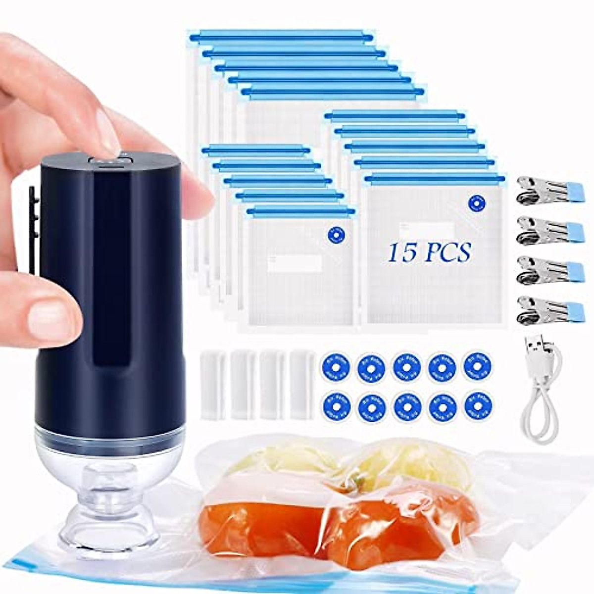 Vacuum Sealer Bags, 35PCS Food Saver Vacuum Sealer Machine Set for Sous Vide Cooking, Handheld Mini Vacuum Sealer with 15 PCS Reusable Sous Vide Bags, 4 Cooking Clips, 4 Sealing Clips & 10 Air Valves
