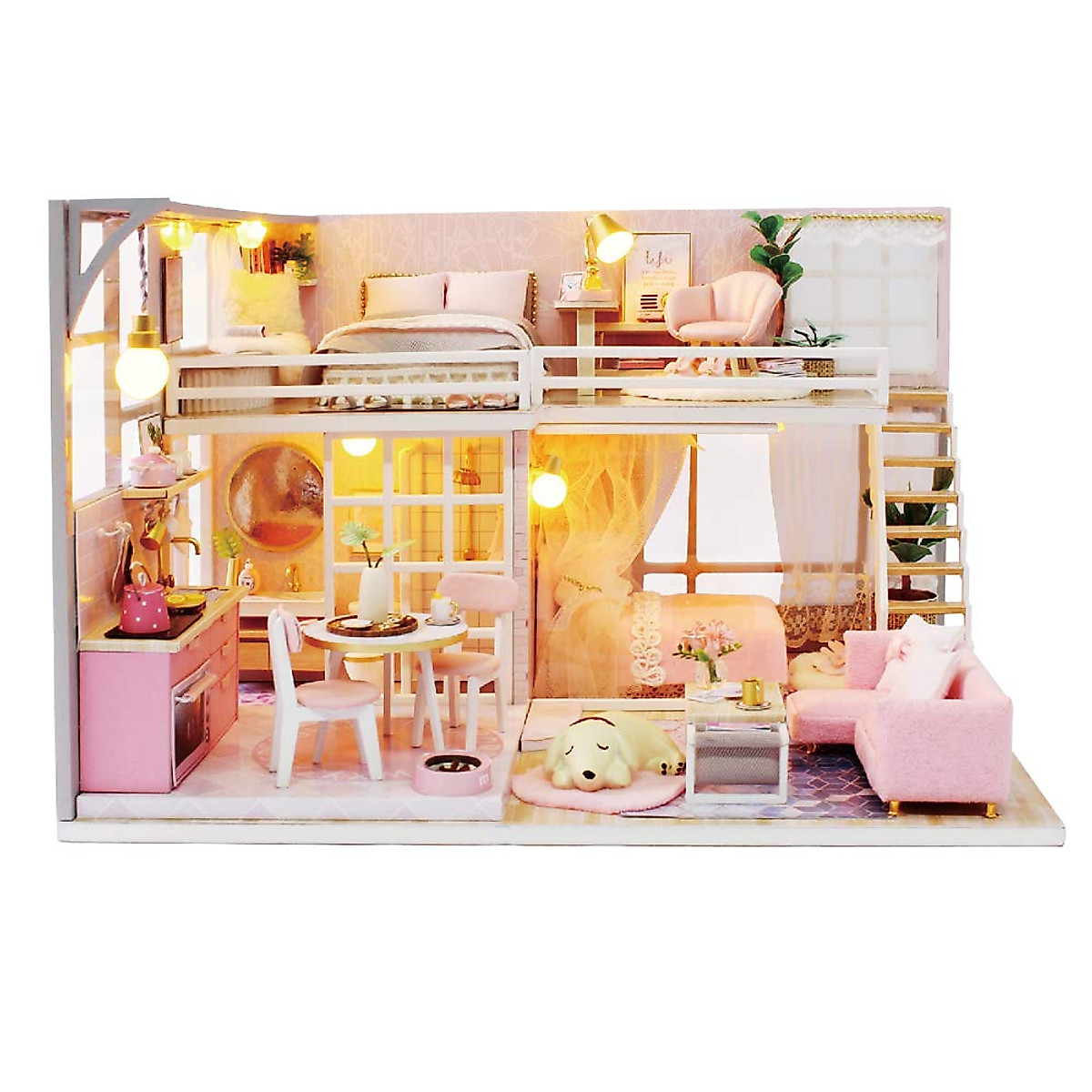 MAGQOO 3D Wooden Dollhouse Miniature DIY House Kit with Furniture,1:24 DIY Dollhouse Kit Dust Proof Included (Girlish Dream)