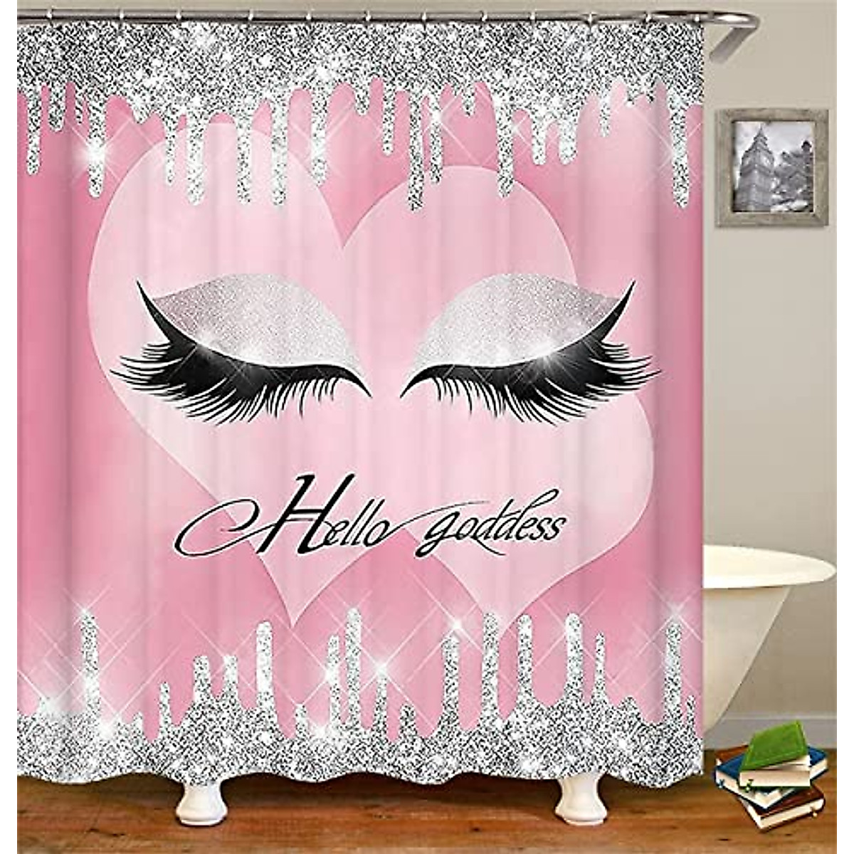 Byitre 4PCS Bling Eyelashes Shower Curtains with Rugs Bath Mat Toilet Lid Cover and 12 Hooks Waterproof Glittering Eyes Bathroom Shower Curtain Set, Fushia, 71' x 71'