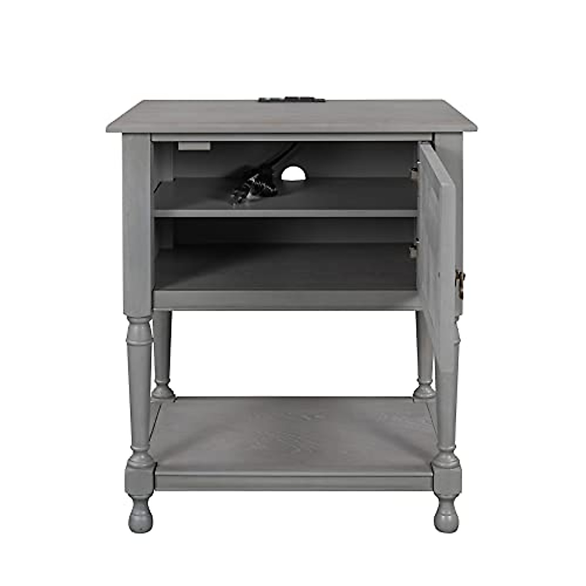 Nightstand with Charging Station, End Table with USB Ports & Power Outlet, Side Table with Storage Cabinet and Shelves, Modern Farmhouse Bedside Sofa Table for Home Office, Gray