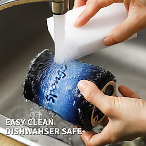 Nihow Ceramic Sponge Holder for Kitchen Sink Dish Sponge Caddy with Drainage Hole & Tray for Modern Kitchen Decor - Navy Blue & Black Dish Brush Holder for Kitchen Counter Top (1 PC)