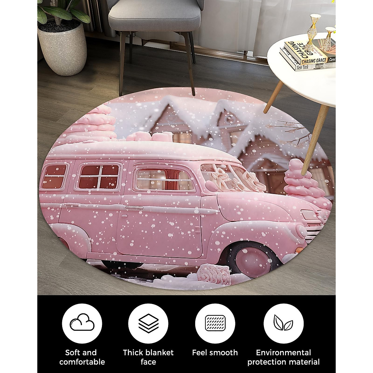 Christmas Fluffy Round Area Rug Carpets 3ft, Plush Shaggy Carpet Soft Circular Rugs, Non-Slip Fuzzy Accent Floor Mat for Living Room Bedroom Nursery Home Decor Blush Pink Farmhouse Winter Truck