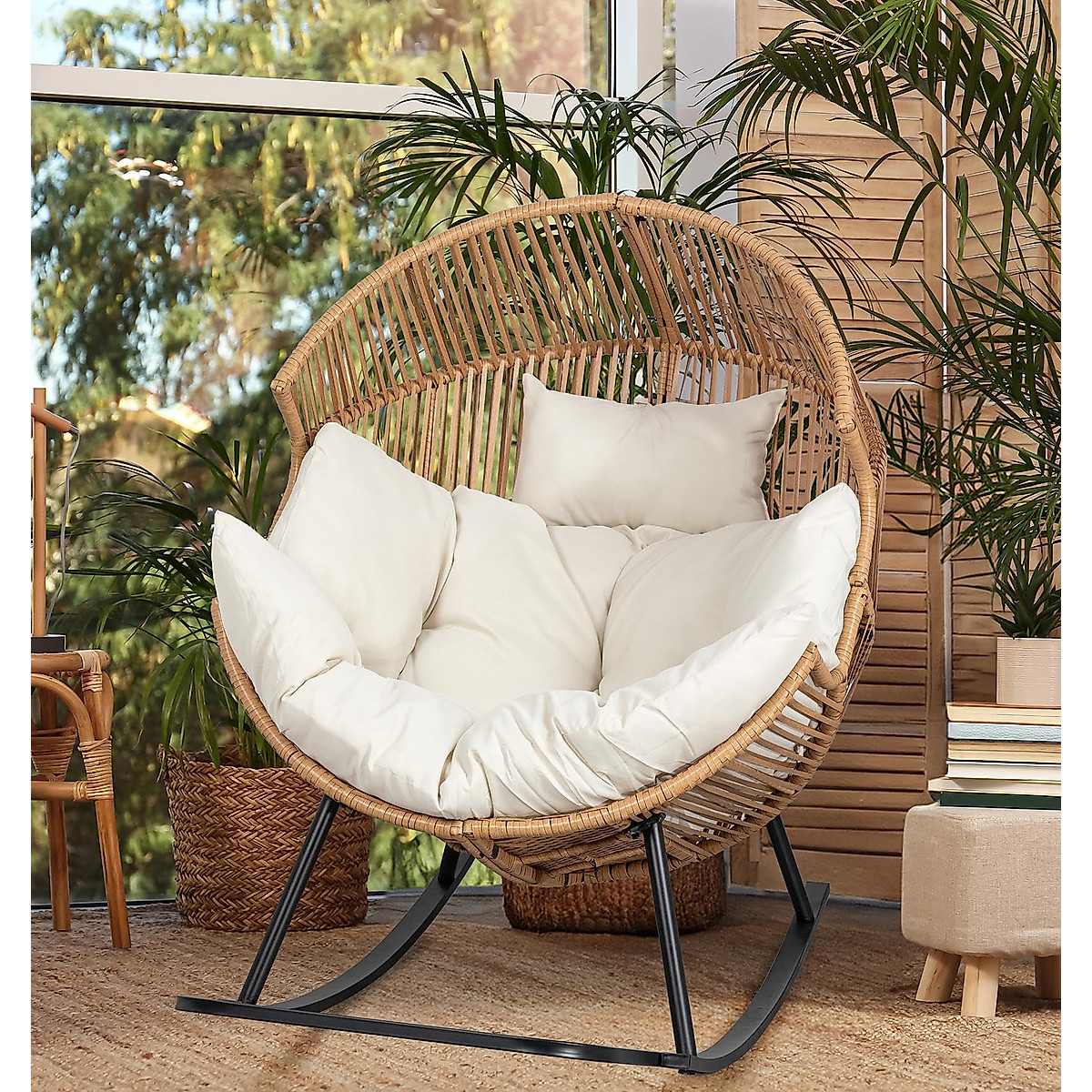 JAMFLY Egg Chair Outdoor Wicker Patio Chair, Oversized Lounger Chair with Cushion Egg Basket Chair for Indoor Living Room Bedroom Outside Balcony Backyard, Beige