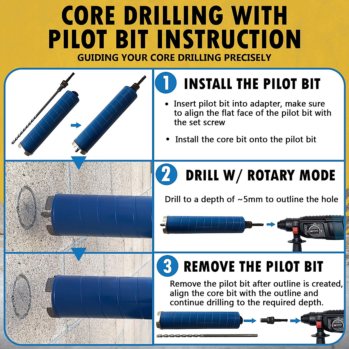 2" Diamond Dry Core Bit for Brick and Block with SDS Plus Pilot Bit Adapter, 9.5" Drilling Depth