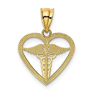 Solid 14k Yellow Gold RN Registered Nurse Caduceus Symbol Heart RN Registered Nurse Caduceus Symbol Medical Emergency Alert Pendant Charm - 22mm x 16mm