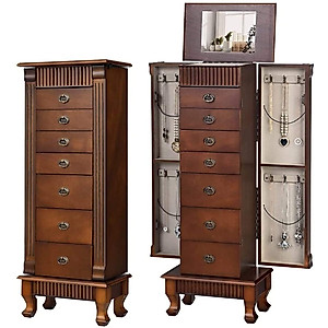 Hysache Jewelry Cabinet, Freestanding Jewelry Armoire Storage Chest w/ 7 Drawers, 2 Swing Doors, 12 Necklace Hooks, Large Capacity Wooden Jewellery Box Organizer for Bedroom Living Room