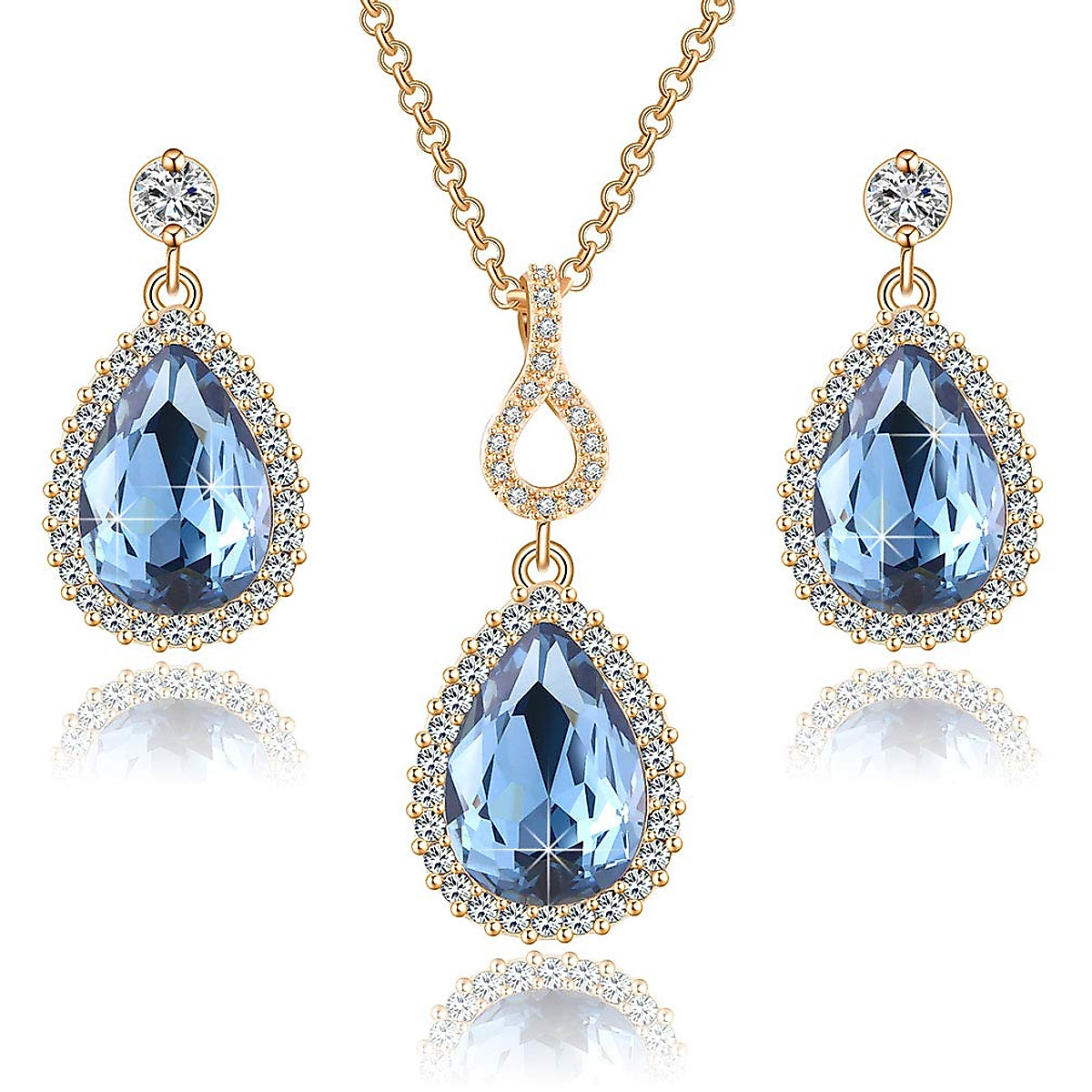 EVEVIC Austrian Crystals Teardrop Pendant Necklace Earrings for Women 14K Gold Plated Hypoallergenic Jewelry Set (Dark Blue)