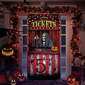 Halloween Evil Circus Door Cover Circus Theme Bloody Scary Backdrop Banner Party Decoration, Carnival Photo Door Banner Ticket Booth Backdrop Props, Large Door Banner Hanging Background 71 x 35 Inch