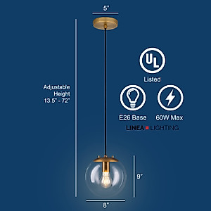 Linea di Liara Sferra Modern Large Glass Pendant Light Kitchen Island Brass Pendant Lighting Clear Glass Globe Pendant Light Mid Century Hanging Light Fixture, LED Bulb Included, UL Listed