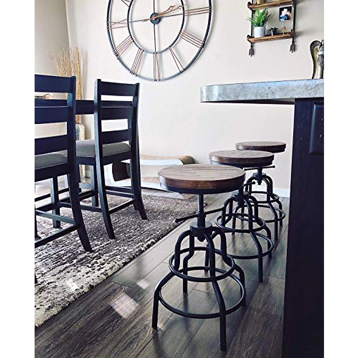 LOKKHAN Vintage Industrial Bar Stool-Rustic Swivel Bar Stool-Round Wood Metal Stool-Kitchen Counter Height Adjustable Pipe Stool-Cast Steel Stool 20-27 Inch (Set of 2)