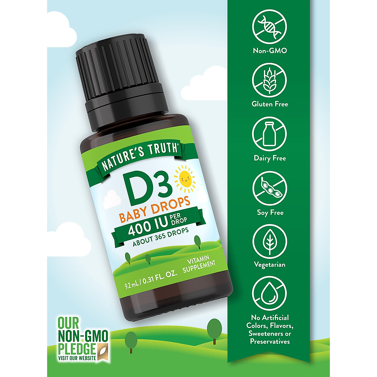 Nature's Truth Vitamin D Drops for Infants | 400 IU | 9.2 mL | D3 Drops for Kids | Vegetarian, Non-GMO, Gluten Free Supplement