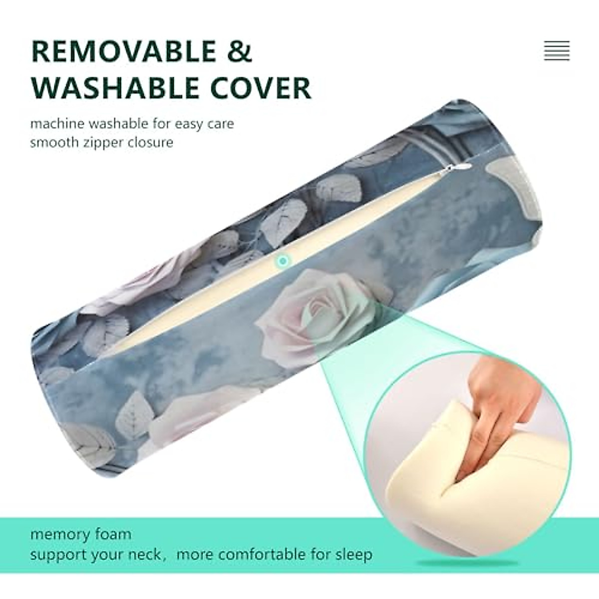 xigua Blue and White Roses Neck Roll Pillow for Neck Relief with Removable Washable Cover - Memory Foam Round Cylinder Bolster, Ergonomically Designed for Head, Neck, Back, and Legs