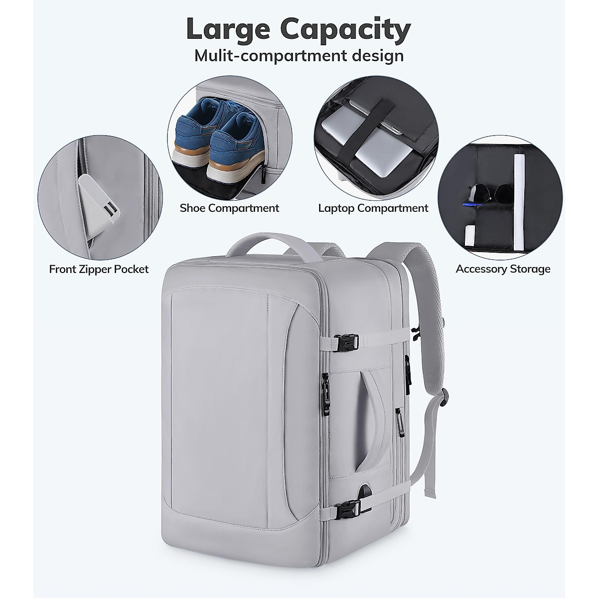 TOTWO Travel Backpack for Men, 45L Large Backpack, Carry On Backpack, Flight Approved Water Resistant Expandable Overnight Hiking Luggage Daypack Suitcase 17 Inch Laptop Bag, Gift for Travelers, Grey