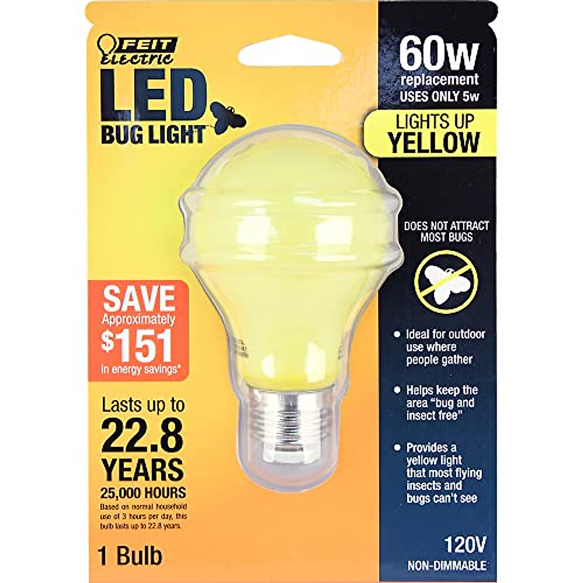 Feit Electric A19/BUG/LED Outdoor Bug Light 60-Watts Equivalent Non-Dimmable LED Light Bulb, E26 Medium Base, Yellow, Pack of 1