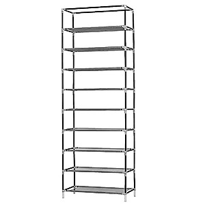 SoSo-BanTian1989 Black 10 Tiers Metal Tube Frame Shoe Rack with Dustproof Cover, 27 Pairs Shoes Cabinet Closet Storage Organizer Tower Shelf