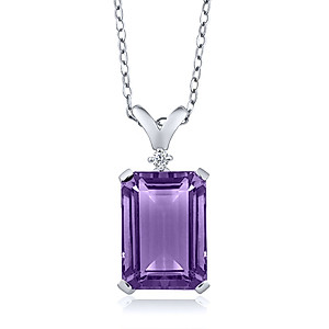 Gem Stone King 925 Sterling Silver Purple Amethyst and White Diamond Pendant Necklace For Women (6.27 Cttw, Gemstone Birthstone, Emerald Cut 14X10MM, With 18 Inch Silver Chain)