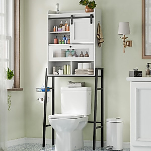 Over The Toilet Storage Cabinet, Storage Cabinet Over Toilet with Sliding Door & Toilet Paper Holder Stand, Freestanding Toilet Shelf Washer Shelf Space Saver Bathroom Organizer, White