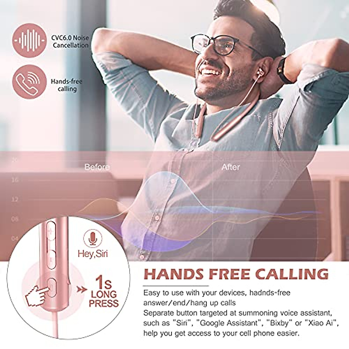 KLOKOL Bluetooth Headphones Neckband V5.0 Wireless Headset Sport Earbuds w/Mic Cordless Noise Canceling Earphones 15Hrs Playtime for Gym Running Compatible with iPhone Samsung Android (Rose Gold)