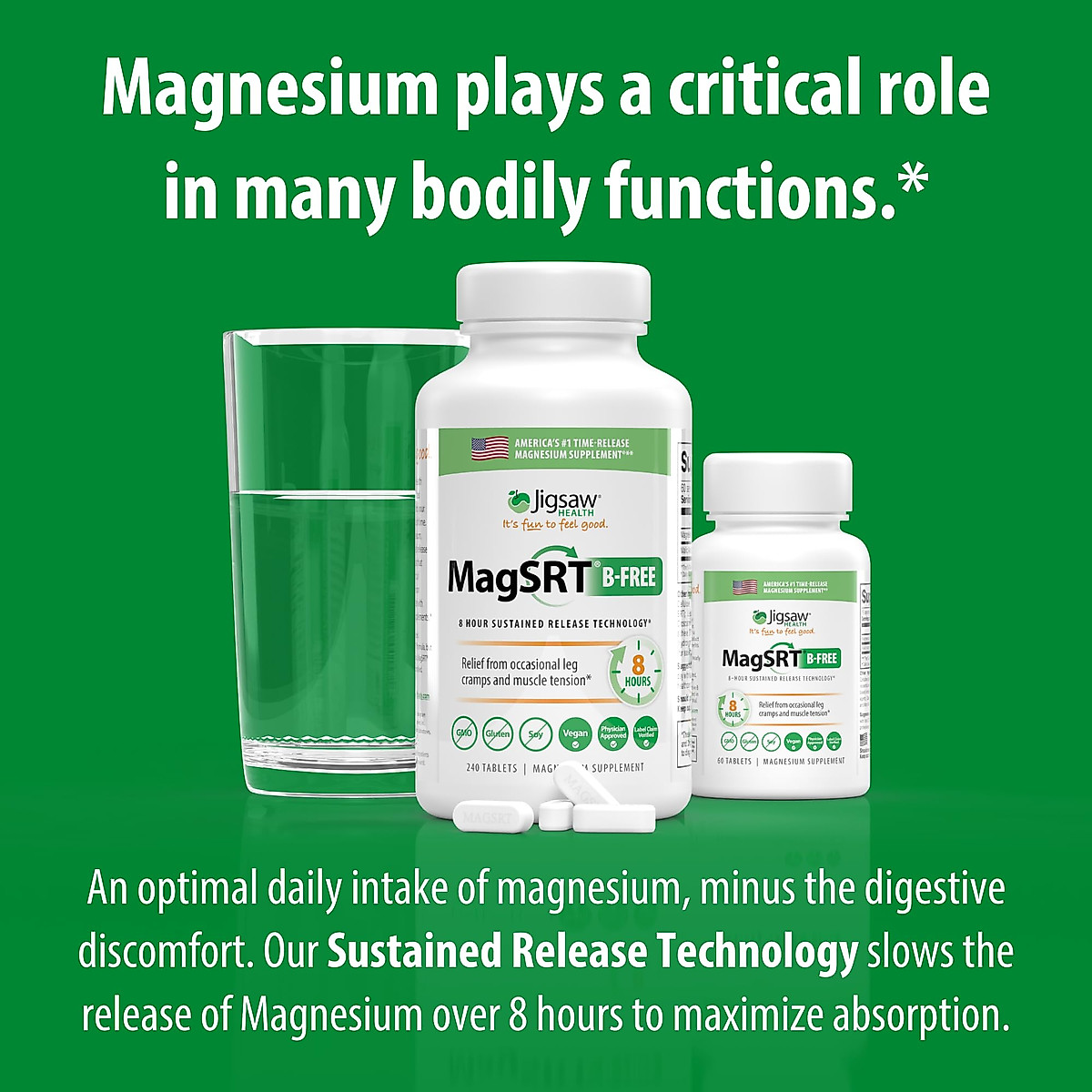 Jigsaw Health MagSRT (B-Free) | Premium, Organic, Slow Release Magnesium Supplement | Active, Bioavailable Magnesium Malate Tablets | 60 Tablets | 15 Servings