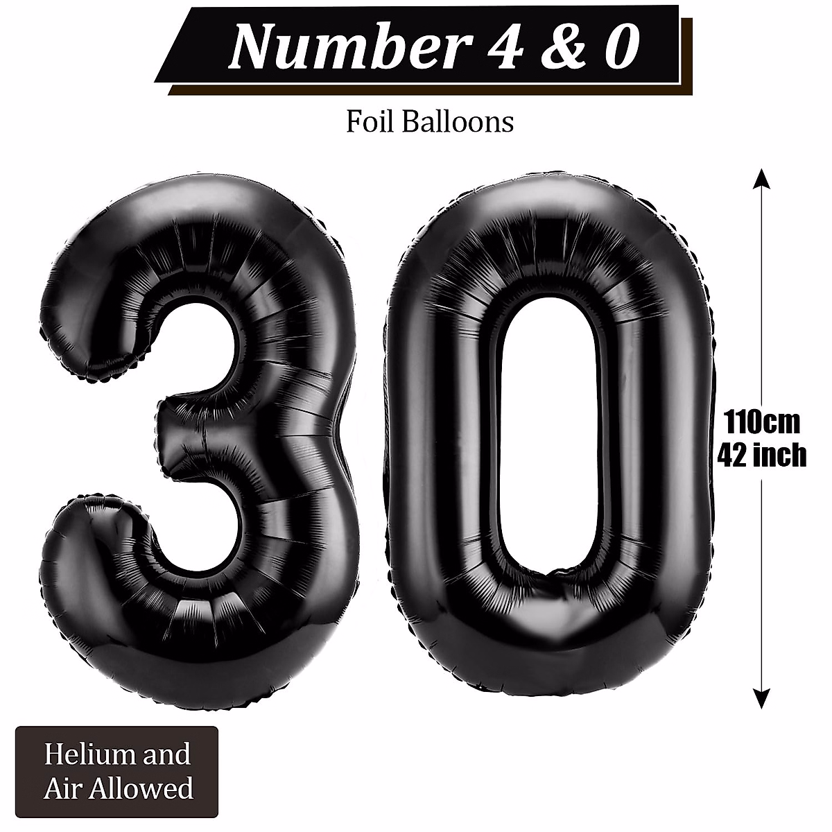42 Inch Number 30 Balloons Jumbo 30 Foil Party Balloons Giant Number 30 Balloons for 30th Birthday Party Decorations and 30th Anniversary Event (Black)