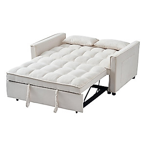 ECHINGLE 54.8'' Sleeper Sofa Bed 3-in-1 Convertible Couch with Pullout Bed, Reclining Backrest, Storage Pockets – Modern Space Lounge Furniture for Living Room, Includes Toss Pillows,Beige