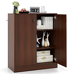 LOKO 2-Door Storage Cabinet, Modern Floor Cabinet with 3-Tier Shelf, Freestanding Side Cabinet with Anti-Toppling Device, Storage Organizer for Living Room, Kitchen, Dining Room, Entryway (Brown)