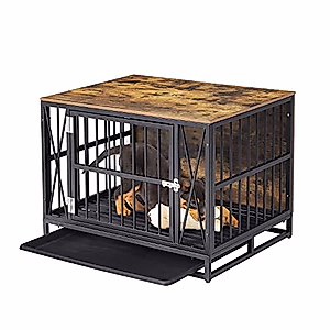 Furniture Style Dog Crate, 32" Wooden Dog Kennel with Tray and Lockable Door, Dog Cage End Table for Small & Medium Dogs, Rustic Dog Crate House Cage Indoor
