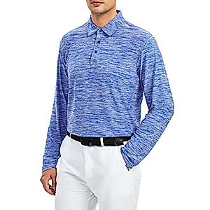 Alex Vando Mens Golf Shirt Moisture Wicking Quick-Dry Long Sleeve Casual Polo Shirts for Men,Blue,L