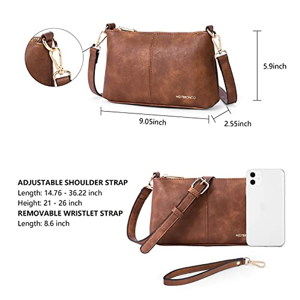 WESTBRONCO Small Crossbody Bag for Women Vegan Leather Wallet Purses Satchel Shoulder Bags Wristlet Clutch Handbags Brown