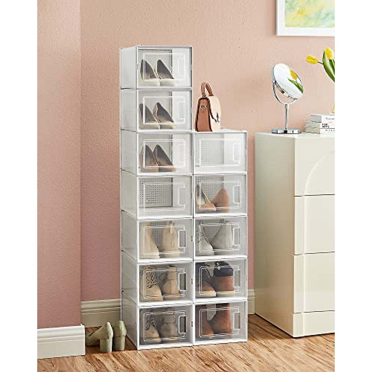 SONGMICS Shoe Boxes, Pack of 12 Shoe Storage Organizers, Stackable Clear Plastic Boxes for Closet, Sneakers, 9.9 x 13.7 x 7.4 Inches, Fit up to US Size 13, Transparent and White ULSP12MWT