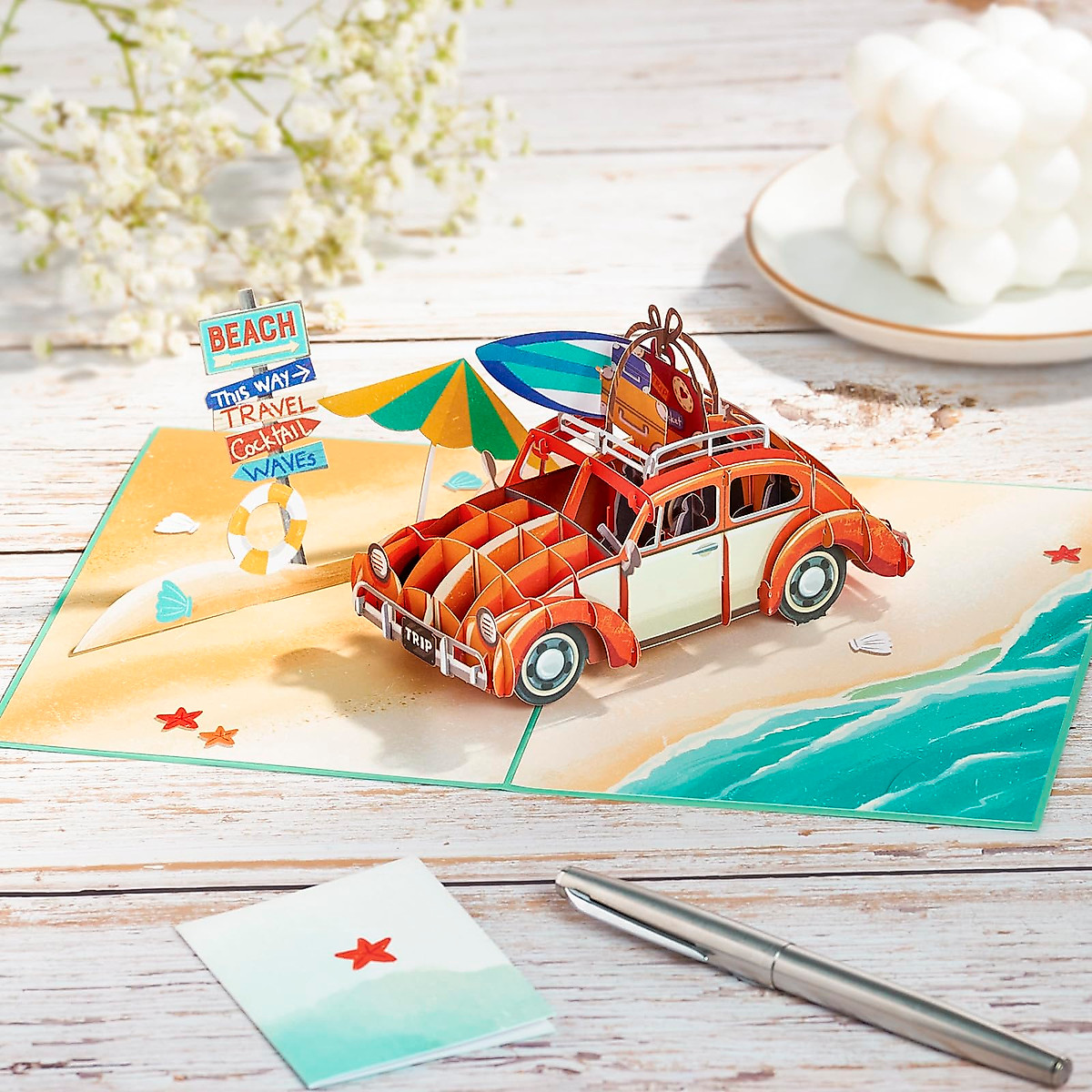 POPWOW Car Pop Up Card, Beetle Bug, New Adventure, Road Trip, Vacation 3D Travel Card for Birthday, Graduation, Congratulations, Retirement, Work Anniversary, Farewell, Goodbye, Bon Voyage, 5x7
