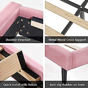 Twin Size Fabric Upholstered Platform Bed Frame with Button Tufted Stitched Headboard, Mattress Foundation with Metal Wood Slat Support, No Box Spring Needed, Noise Free Design, Easy Assembly, Pink