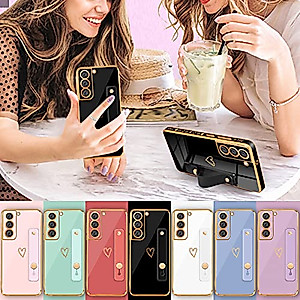 Likiyami (3in1 for Samsung Galaxy S21 FE 5G/4G Case Heart Women Girls Cute Girly Aesthetic Trendy Luxury Pretty with Loop Phone Cases Black and Gold Plating Love Hearts Cover+Screen+Chain-6.4 inch