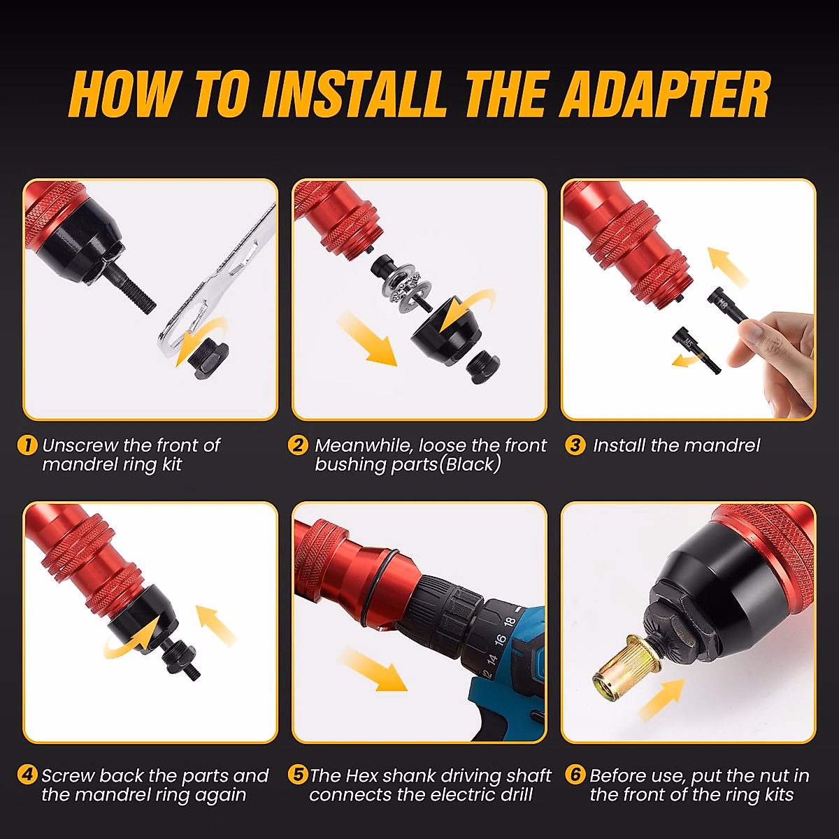 TaskStar Rivet Nut Drill Adapter Kit, Cordless Rivet Nut Tool Adapter Use with Electric Drills and Screwdriver, Rivet Gun Adapter for Drill Rivet Nut Drill Attachment with 6 Mandrels and 10 Nuts