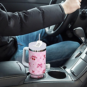 Bseiialft 40 oz Tumbler with Handle Pink Bow Cherry Heart Check Water Bottle with Lid and Straw Vacuum Insulated Cup Stainless Steel Travel Coffee Mug for Home Office Car