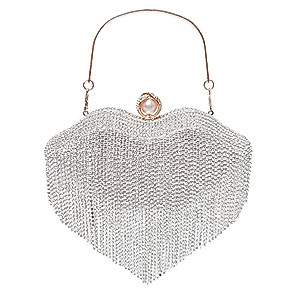 Women Luxury Lips Shape Crystal Tassel Evening Pearl Clutch Purse Bag Rhinestones Wedding Party Purse Handbag With Pearl Buckle (Sliver)