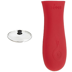Lodge Manufacturing Company GL10 Tempered Glass Lid, 10.25", Clear & Silicone Hot Handle Holder - Red Heat Protecting Silicone Handle for Cast Iron Skillets with Keyhole Handle