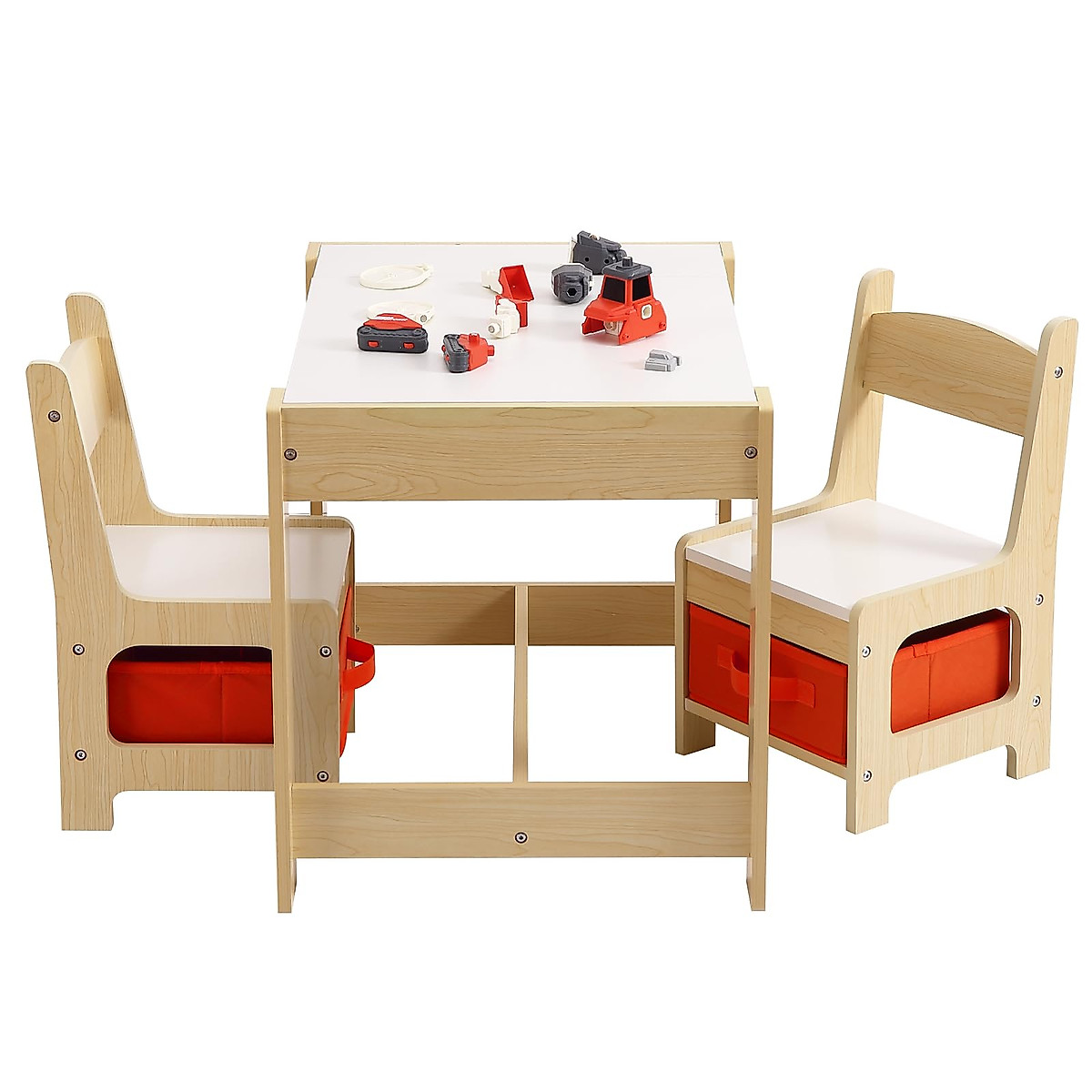 Bophy Kids Table and Chair Set, 3 in 1 Children Activity Table w/Storage, Removable Tabletop, Blackboard, 3-Piece Toddler Furniture Set for Art, Crafts, Drawing, Reading, Playroom (Natural)