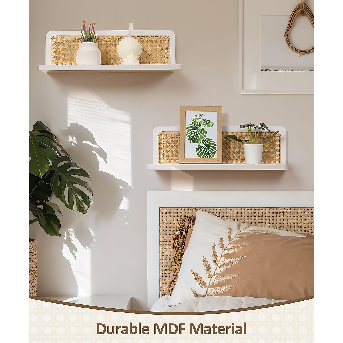 Maxpeuvon Rattan Floating Shelves, Boho Cane Webbing Wall Shelves Farmhouse Display Storage Organizer White Bookshelves Wicker Room Decor for Living Room Bedroom Entryway Hallway Bathroom, Set of 2