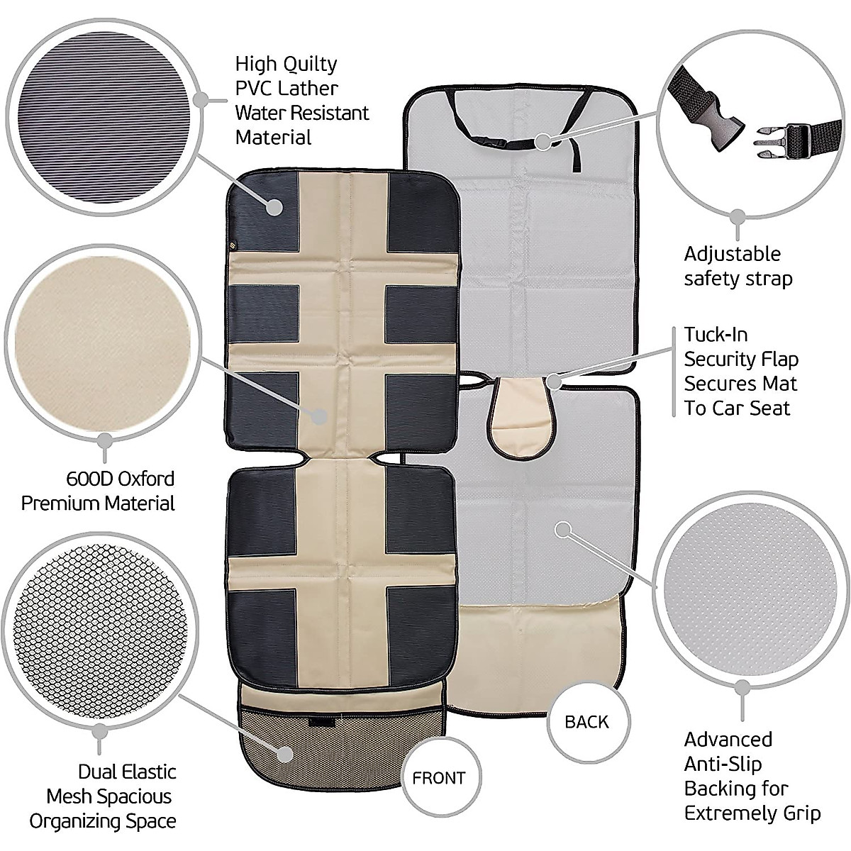 Kaiphy Car Seat Protector - Thick Padding - Durable, Waterproof Fabric, Leather Reinforced Corners (Beige, XL)