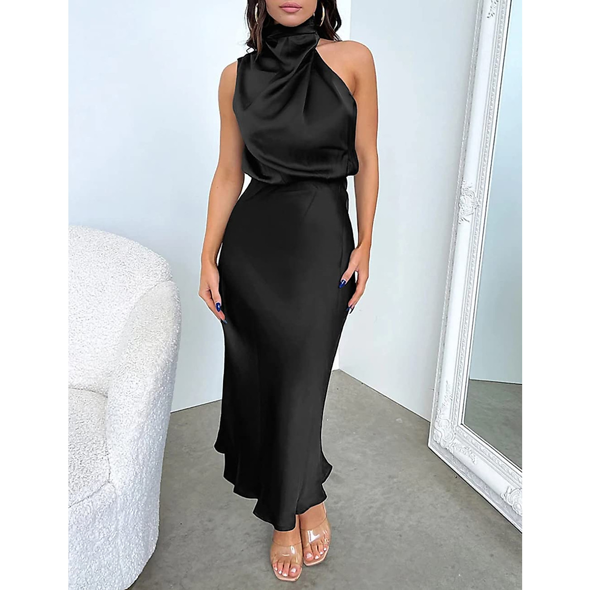 Womens Summer Satin Dress Elegant Formal Dress Sleeveless Ruched Wrap Long Dress Irregular Hanging Neck Dresses for Ladies Cocktail Party Date Night Black