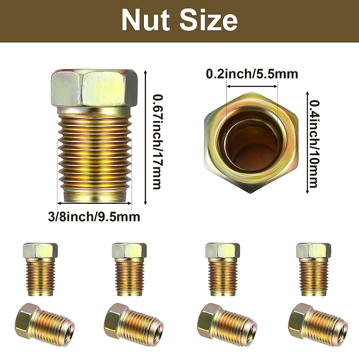 Frienda 12 Pieces 3/8 Inch-24 Threads Brake Line Fittings Assortment for 3/16 Inch Tube (4 Unions, 8 Nuts)