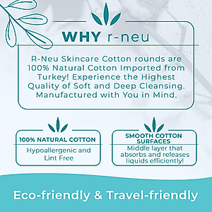 R-Neu Premium [Turkish] Cotton Rounds, 400 Count, Stitched, Waffle Textured, 100% Natural, Hypoallergenic Makeup Remover Round Cotton Pads for Face