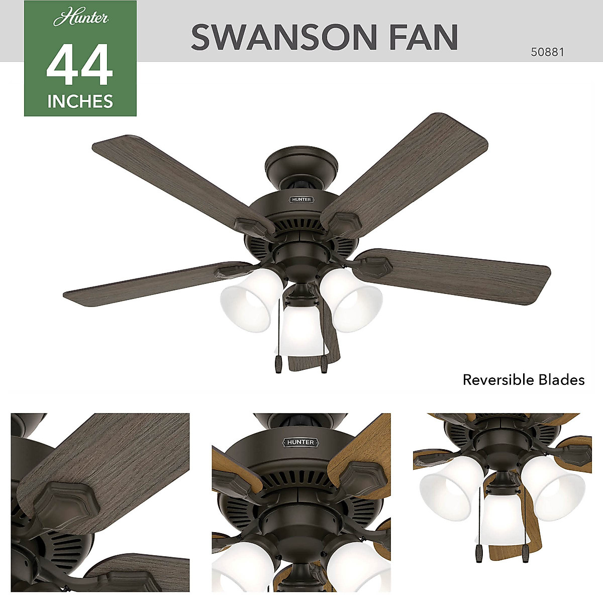 Hunter Fan Company, 50881, 44 inch Swanson New Bronze Ceiling Fan with LED Light Kit and Pull Chain