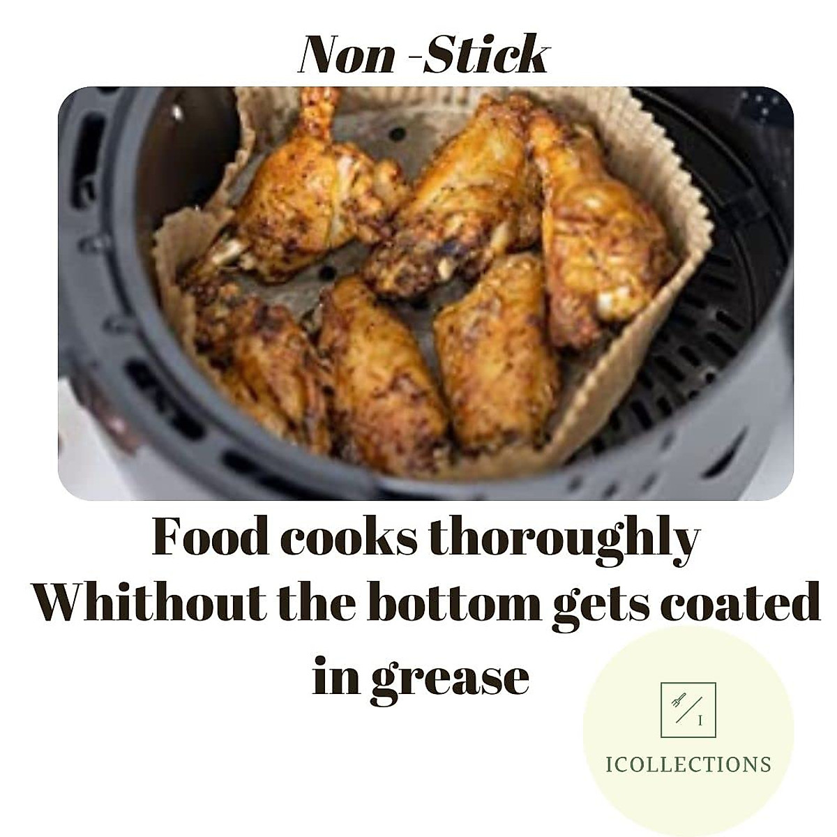 ICOLLECTIONS 100 Pcs Perforated Air Fryer Paper Liners for Crispy Food - Oil and Water Proof Non-Stick Air Fryer Disposable Paper Liners for Baking and Roasting - 6.3 Inch Round Air Fryer Liners