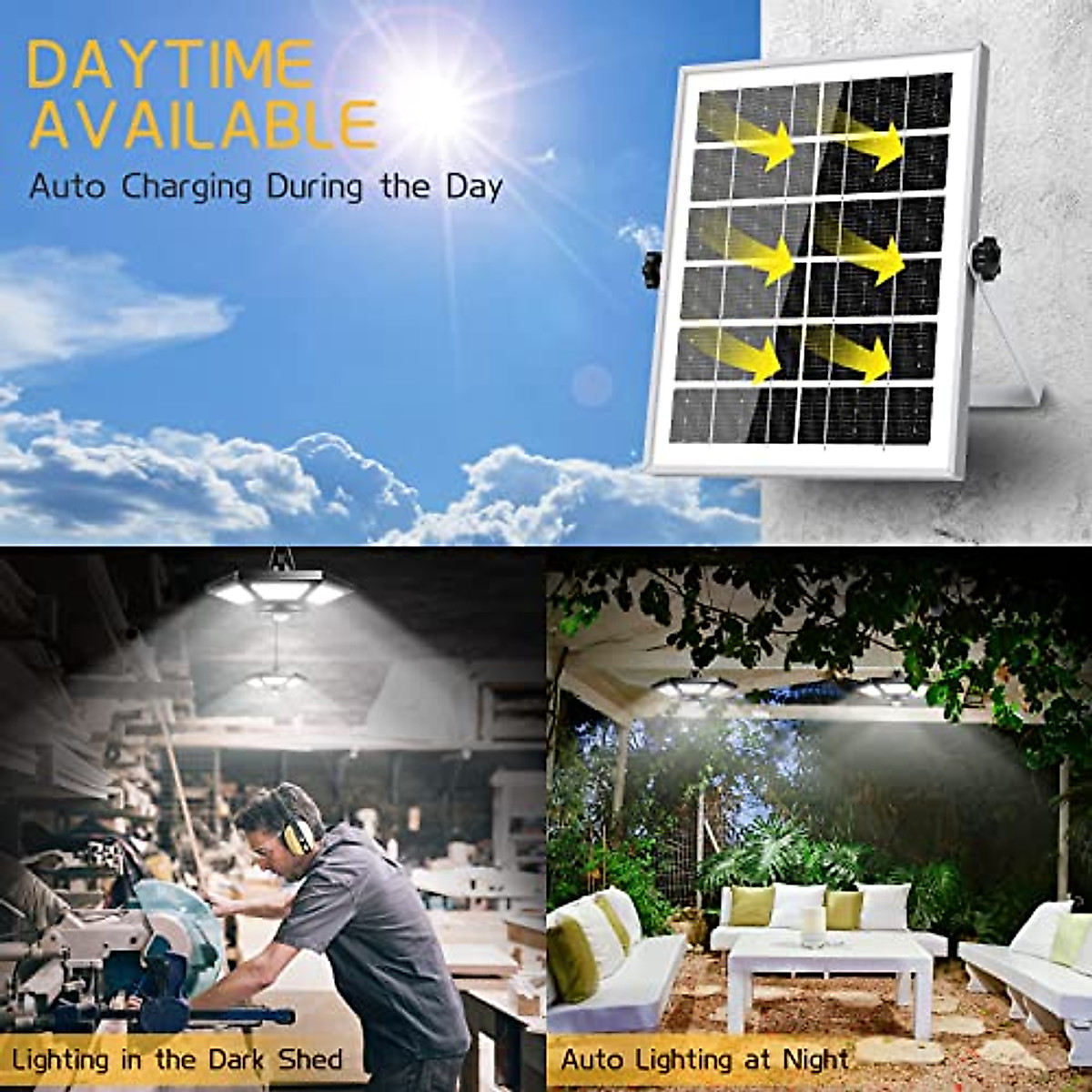 Deogos Solar Pendant Lights, Dual Head Solar Shed Lights with Motion Sensor for Outdoor,180 LED Solar Indoor Lights with Remote Control for Barn Gazebo Garage Garden Home