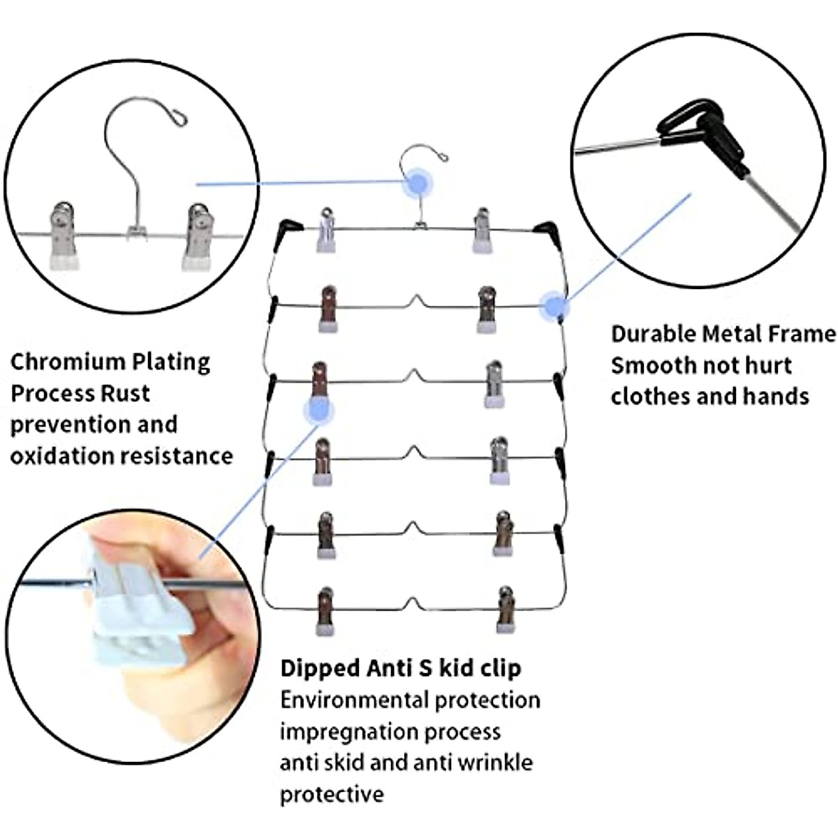 Pant Hangers Space Saving, Homa Jia 4 Pack 6-Tier Skirt Hangers with Clip Multiple Hangers in one Clothes Hangers with Clips Skirts Hangers for Closet Bottom Hangers Metal Pants Hangers with Clips